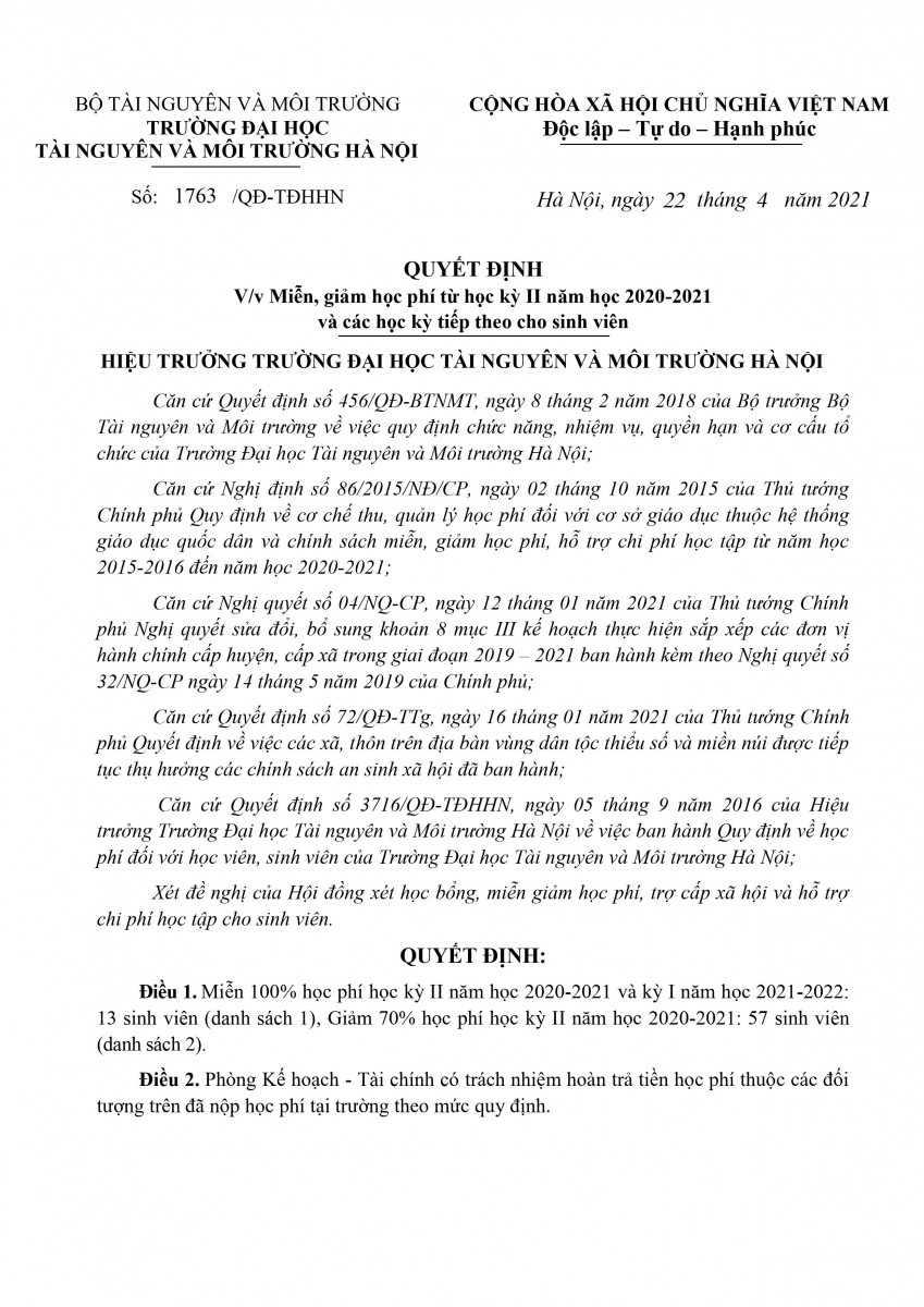 Quyết định miễn, giảm học phí từ học kỳ II năm học 2020-2021 và các học ...